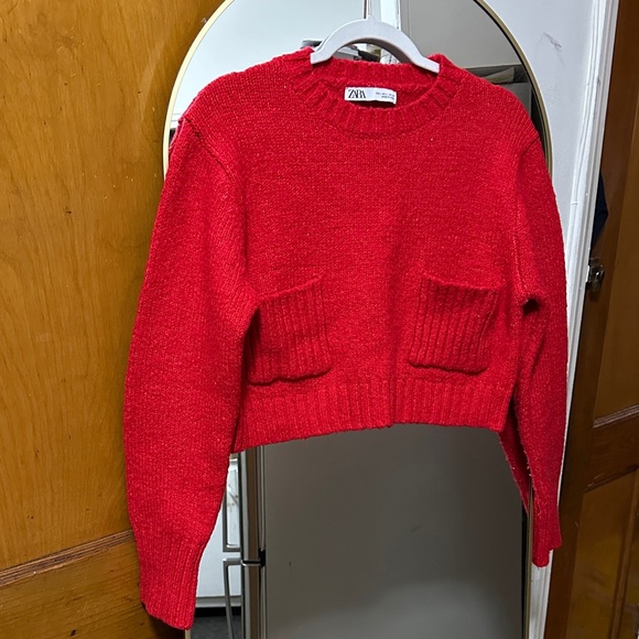 Zara | Sweaters | Zara Red Crew Neck Cropped Sweater With 2 Front ...